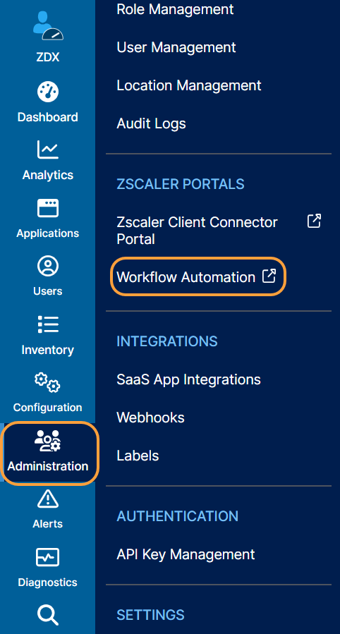 Workflow Automation Admin Portal from the ZDX Admin Portal